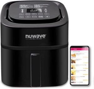 nuwave brio 8-qt air fryer, powerful 1800w, easy-to-read cool white display, 50°-400°f temp controls, 100 pre-programmed presets & 50 memory slots, integrated smart thermometer, linear t technology