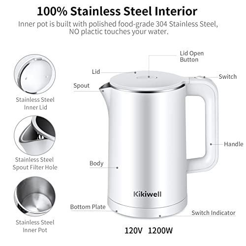 Electric Kettles Stainless Steel for Boiling Water, Double Wall Hot Water Boiler Heater, Cool Touch Electric Teapot, Auto Shut-Off & Boil-Dry Protection, 120V/1200W, 1.8Liter, 2 Year Warranty(White)