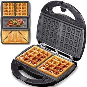 sandwich maker 3 in 1, waffle make with removable plate, electric panini press grill, sandwich toaster with detachable non-stick coating, led indicator lights, cool touch handle, black