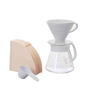 hario v60 pour over set with ceramic dripper, glass server, scoop and filters, size 02, white