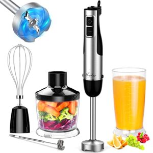 immersion blender handheld, 1100w 5-in-1 multi-purpose hand blender, 12-speed stick blender, 600ml beaker, 500ml chopper, egg whisk, milk frother, black