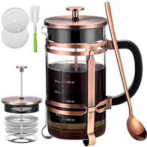 french press coffee maker (34 oz) with 4 filters – 304 durable stainless steel, heat resistant borosilicate glass coffee press, bpa （include 1 cleaning brush,1 spoon and 2 spare filter screen）