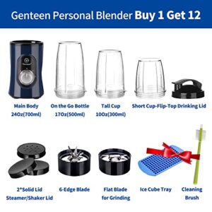 Personal Bullet Blender for Shakes and Smoothies, Genteen 650W Smoothie Blender & Single Serve Blender for Protein Shakes | 12 Pcs Personal Blender with 3 Speeds,24+17+10 oz Travel Bottles BPA Free (Blue)