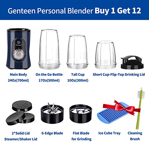 Personal Bullet Blender for Shakes and Smoothies, Genteen 650W Smoothie Blender & Single Serve Blender for Protein Shakes | 12 Pcs Personal Blender with 3 Speeds,24+17+10 oz Travel Bottles BPA Free (Blue)