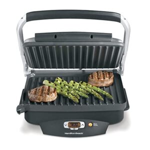 hamilton beach steak lover’s electric indoor searing grill, nonstick 100 square, stainless steel (25331), black and stainless, medium