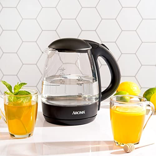 AROMA® 1.2L / 5-Cup Glass Electric Kettle with Cordless Pouring, Trigger-Release Lid, Automatic Shut-off, Black (AWK-151B)