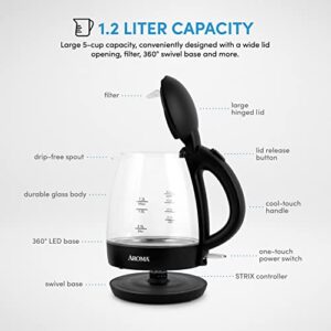 AROMA® 1.2L / 5-Cup Glass Electric Kettle with Cordless Pouring, Trigger-Release Lid, Automatic Shut-off, Black (AWK-151B)