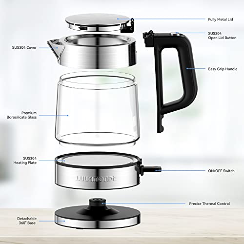 LUUKMONDE 1500W Electric Kettle, 1 L Glass Tea Kettle Light Weight, Cordless Water Boiler with LED Indicator, Auto-Shutoff & Boil-Dry Protection, BPA Free