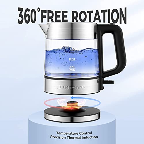 LUUKMONDE 1500W Electric Kettle, 1 L Glass Tea Kettle Light Weight, Cordless Water Boiler with LED Indicator, Auto-Shutoff & Boil-Dry Protection, BPA Free