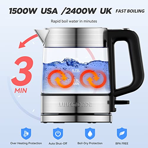 LUUKMONDE 1500W Electric Kettle, 1 L Glass Tea Kettle Light Weight, Cordless Water Boiler with LED Indicator, Auto-Shutoff & Boil-Dry Protection, BPA Free