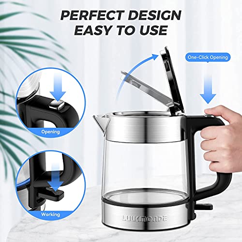 LUUKMONDE 1500W Electric Kettle, 1 L Glass Tea Kettle Light Weight, Cordless Water Boiler with LED Indicator, Auto-Shutoff & Boil-Dry Protection, BPA Free