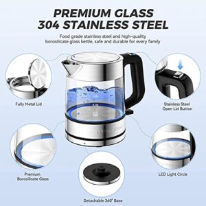 LUUKMONDE 1500W Electric Kettle, 1 L Glass Tea Kettle Light Weight, Cordless Water Boiler with LED Indicator, Auto-Shutoff & Boil-Dry Protection, BPA Free