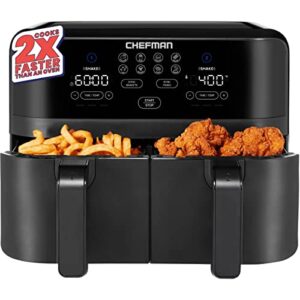 chefman turbofry touch dual air fryer, maximize the healthiest meals with double basket capacity, one-touch digital controls and shake reminder for the perfect crispy and low-calorie finish