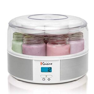 euro cuisine yogurt maker – ymx650 automatic digital yogurt maker machine with set temperature – includes 7-6 oz. reusable glass jars and 7 rotary date setting lids for instant storage