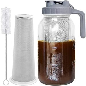 cold brew coffee maker jar – 64oz thick glass multipurpose mason pitcher spout lid with handle & stainless steel filter for iced brew coffee, lemonade, ice tea, homemade fruit drinks container