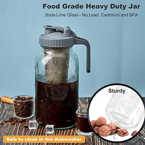 Cold Brew Coffee Maker Jar - 64oz Thick Glass Multipurpose Mason Pitcher Spout Lid with Handle & Stainless Steel Filter for Iced Brew Coffee, Lemonade, Ice Tea, Homemade Fruit Drinks Container