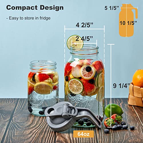 Cold Brew Coffee Maker Jar - 64oz Thick Glass Multipurpose Mason Pitcher Spout Lid with Handle & Stainless Steel Filter for Iced Brew Coffee, Lemonade, Ice Tea, Homemade Fruit Drinks Container