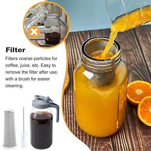 Cold Brew Coffee Maker Jar - 64oz Thick Glass Multipurpose Mason Pitcher Spout Lid with Handle & Stainless Steel Filter for Iced Brew Coffee, Lemonade, Ice Tea, Homemade Fruit Drinks Container