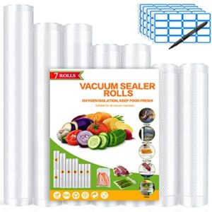 vacuum sealer bags, 7 rolls food storage bags rolls with 1 marker & 80 labels, bpa free commercial grade food seal bag for microwave, sous vide, freezer food storage – 6 inch | 8 inch | 10 inch | 11 inch width (10 feet length)