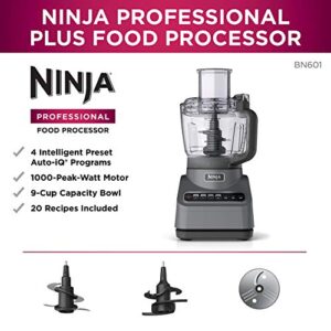 Ninja BN601 Professional Plus Food Processor 1000-Peak-Watts with Auto-iQ Preset Programs Chop Puree Dough Slice Shred with a 9-Cup Capacity and a Silver Stainless Finish (Renewed)