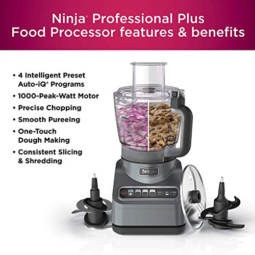 Ninja BN601 Professional Plus Food Processor 1000-Peak-Watts with Auto-iQ Preset Programs Chop Puree Dough Slice Shred with a 9-Cup Capacity and a Silver Stainless Finish (Renewed)