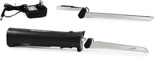 elite gourmet ek9810 professional cordless rechargeable easy-slice electric knife with 4 serrated blades and safety lock trigger release, carving meats, poultry, bread, black, stainless steel