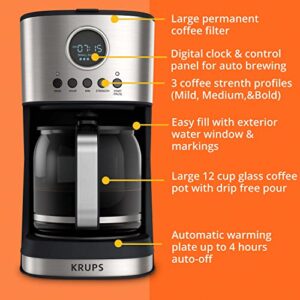 KRUPS Essential 12 Cup Drip Coffee Maker, Digital Programmable Brewer with Auto-Start & Keep Warm