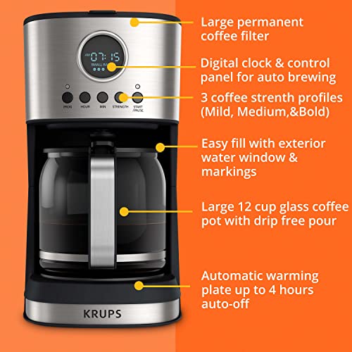 KRUPS Essential 12 Cup Drip Coffee Maker, Digital Programmable Brewer with Auto-Start & Keep Warm