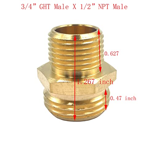 5 Pcs 3/4”GHT Male X 1/2”NPT Male Solid Brass Garden Hose Fittings Connectors Adapter,GHT To NPT Adapter Pipe Fitting Connect