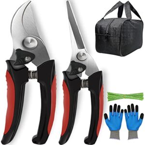 aimerla premium pruning shears. stainless steel garden shears for plants, shrubs, bushes. durable garden scissors set with garden gloves, storage bag, garden accessories for women, men