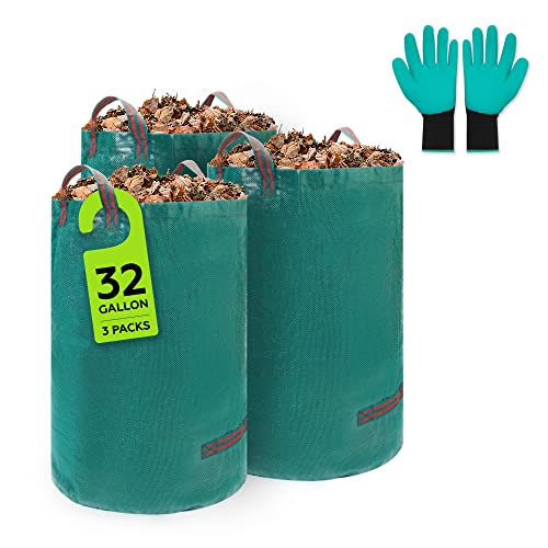 WISETOOL 3-Pack 32 Gallons Garden Bags, Heavy Duty Reusable Yard Waste Bags with Gardening Gloves for Lawn Yard Pool Plant Trash Trimming Gardening Containers