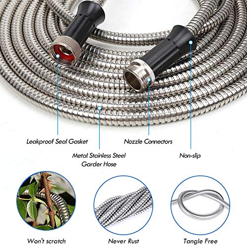 MultiOutools 304 Stainless Steel Garden Hose 50FT Metal Water Hose with 2 Free Nozzles Heavy Duty Flexible Metal Garden Hose 8 Functions Spray Nozzle Lightweight Durable Kink Free Outdoor Hose