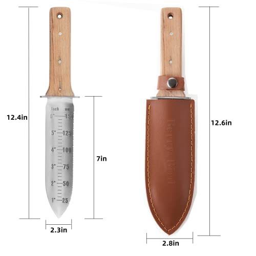 Berry&Bird Hori Hori Garden Knife, Gardening Knife with 7" Stainless Steel Serrated Blade, Japanese Gardening Tool with Leather Sheath and Sharpening Stone for Weeding, Digging, Cutting & Planting