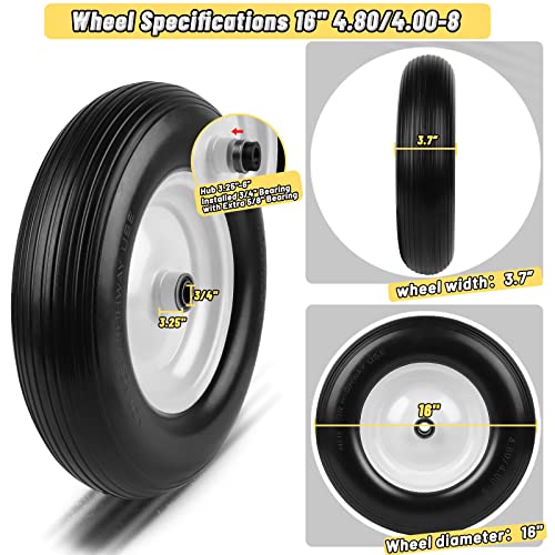 Eazy2hD 2 Pack 4.80/4.00-8 Flat-Free Wheelbarrow Cart 16" Solid Rubber Wheel Barrel Tires Non-Slip Center Hub 3.25"-6", Installed 3/4" Bearing with Extra 5/8" Bearing for Yard Cart Garden Wagon