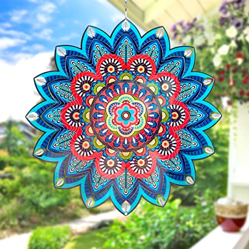 Exhart 3D Mandala Wind Spinner, Laser-Cut, Metal Garden Spinner w/Crystals, Hanging Yard Decor, 12 inches