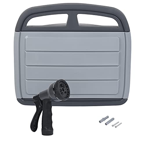 HelpMate Plastic Garden Water Hose Holder Wall Mount with 2 Shelf Cabinet for Garden Tools and Supplies- Matching Grey 8-pattern Garden Hose Spray Gun Included - holds up to 150 ft. Garden Hose