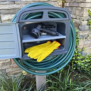 HelpMate Plastic Garden Water Hose Holder Wall Mount with 2 Shelf Cabinet for Garden Tools and Supplies- Matching Grey 8-pattern Garden Hose Spray Gun Included - holds up to 150 ft. Garden Hose