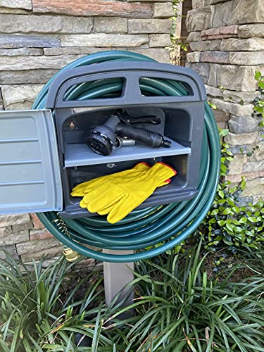 HelpMate Plastic Garden Water Hose Holder Wall Mount with 2 Shelf Cabinet for Garden Tools and Supplies- Matching Grey 8-pattern Garden Hose Spray Gun Included - holds up to 150 ft. Garden Hose