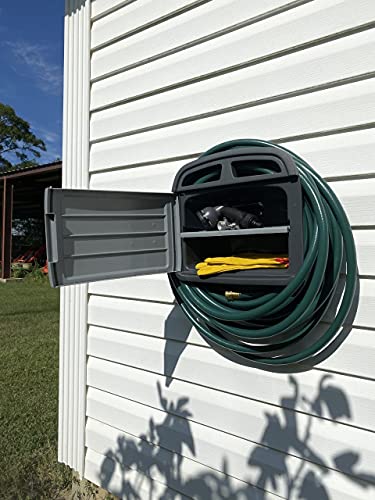 HelpMate Plastic Garden Water Hose Holder Wall Mount with 2 Shelf Cabinet for Garden Tools and Supplies- Matching Grey 8-pattern Garden Hose Spray Gun Included - holds up to 150 ft. Garden Hose