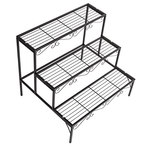 DOEWORKS 3 Tier Stair Style Metal Plant Stand, Garden Shelf for Large Flower Pot Display Rack Indoor Outdoor, Black