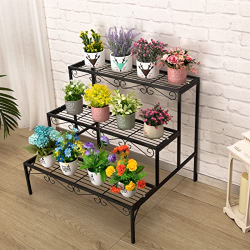 DOEWORKS 3 Tier Stair Style Metal Plant Stand, Garden Shelf for Large Flower Pot Display Rack Indoor Outdoor, Black