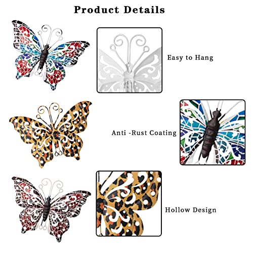 dreamskip 3 Pack Metal Butterfly Wall Decor, Outdoor Wall Art, Metal Butterflies Wall Sculpture for Garden, Patio, Fence, Yard, Balcony Decoration