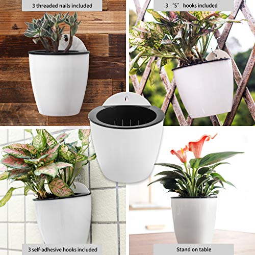 3 Pack Self Watering Wall Hanging Planter Pots Vertical Garden Window Hang Mount Indoor Outdoor Plant Flower Basket for Kitchen Herbs Balcony Railing Shelf Fence Bedroom Trellis Decor Modern White Box