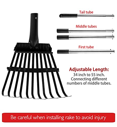 HOMIMP Adjustable Garden Leaf Rake,34" - 55" Adjustable Lightweight Aluminum Handle 11 Tines Rake,8" Inch Wide,for Gardeners,Kids Leaf Rake,Detachable Garden Rake,Easy to Carry (Black)