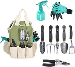 garden tool set | garden tools organizer tote | gardening gloves included great garden tools for woman and men | 9 piece garden accessories tool organizer kit | gardening gifts | gardeners supply