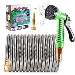 yereen metal garden hose 25ft, 304 stainless steel garden hose with 3/4″ solid brass fittings and 2 function nozzle, kink free flexible outdoor water hose