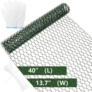 aboofx green chicken wire for floral arrangements, 40 x 13.7 inch chicken wire mesh, hexagonal pvc coated galvanized iron wire for garden, chicken wire fencing with 20 zip ties and 1 pair of glove