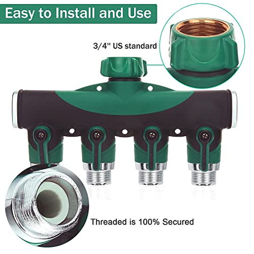 SIPIK Garden Hose Splitter 4 Way - 3/4 Inch Heavy Duty Metal Water Faucet Splitter with Shut Off Valves 4 Way Leakproof Hose Connectors with Comfortable Rubberized Grip for Gardening Hoses 5 Washers