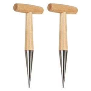 zoeyes 2 pcs 11 inch stainless steel hand dibber garden tools with wooden handle, dibbler bulb planter, wooden sow dibbers for sowing seeds, transplanting plants, planting bulbs, digging, gardening