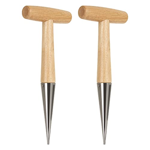 ZOEYES 2 PCS 11 Inch Stainless Steel Hand Dibber Garden Tools with Wooden Handle, Dibbler Bulb Planter, Wooden Sow Dibbers for Sowing Seeds, Transplanting Plants, Planting Bulbs, Digging, Gardening